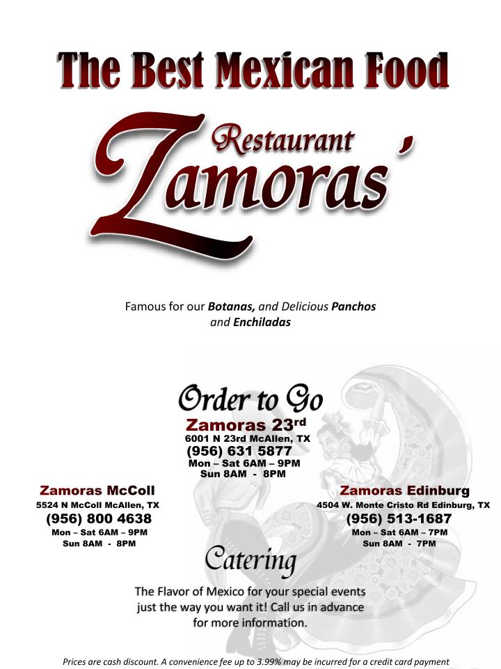 Menu at Zamoras' Restaurant #1, McAllen, N 23rd St
