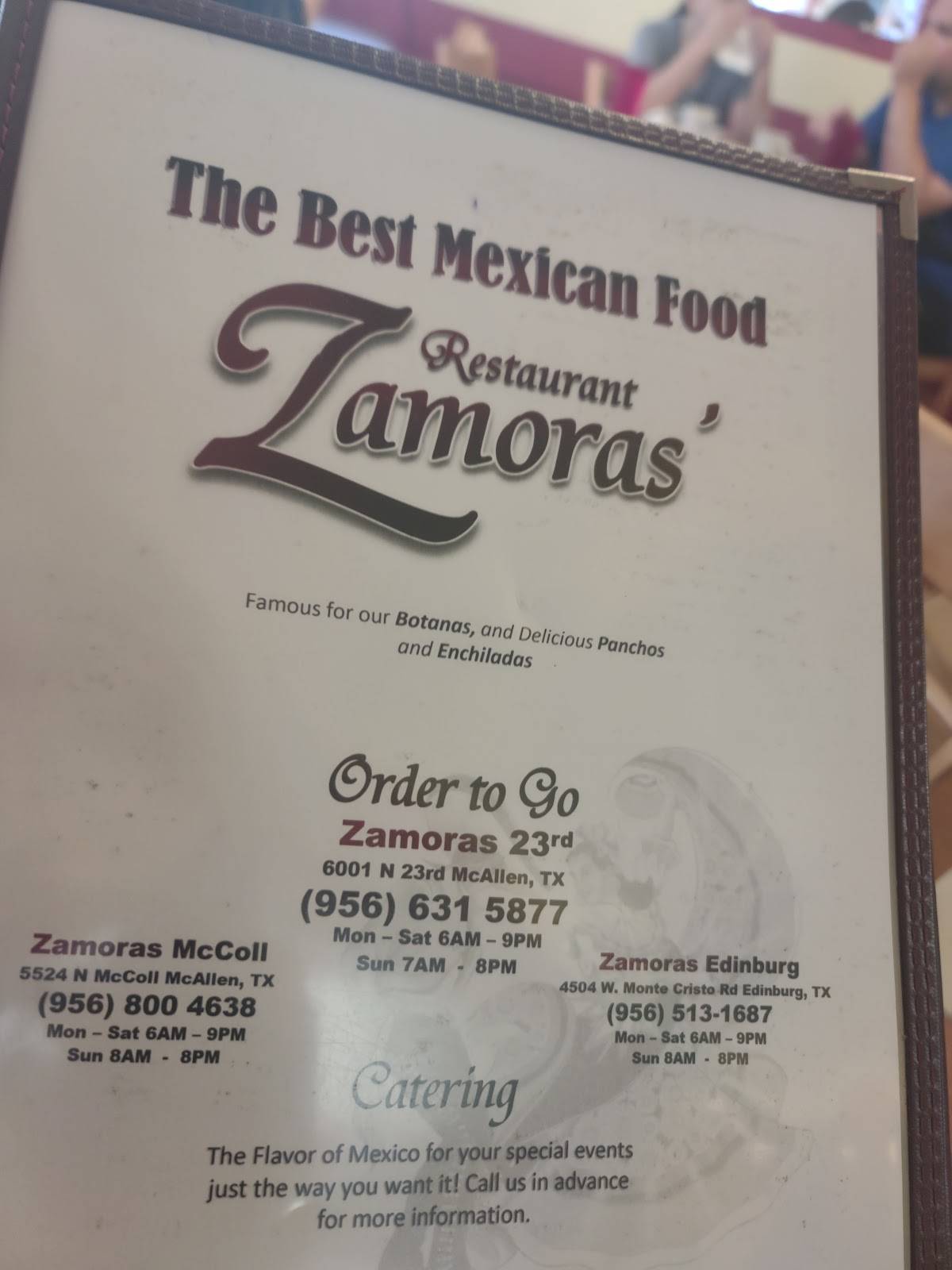 Menu at Zamoras' Restaurant, McAllen, N 23rd St