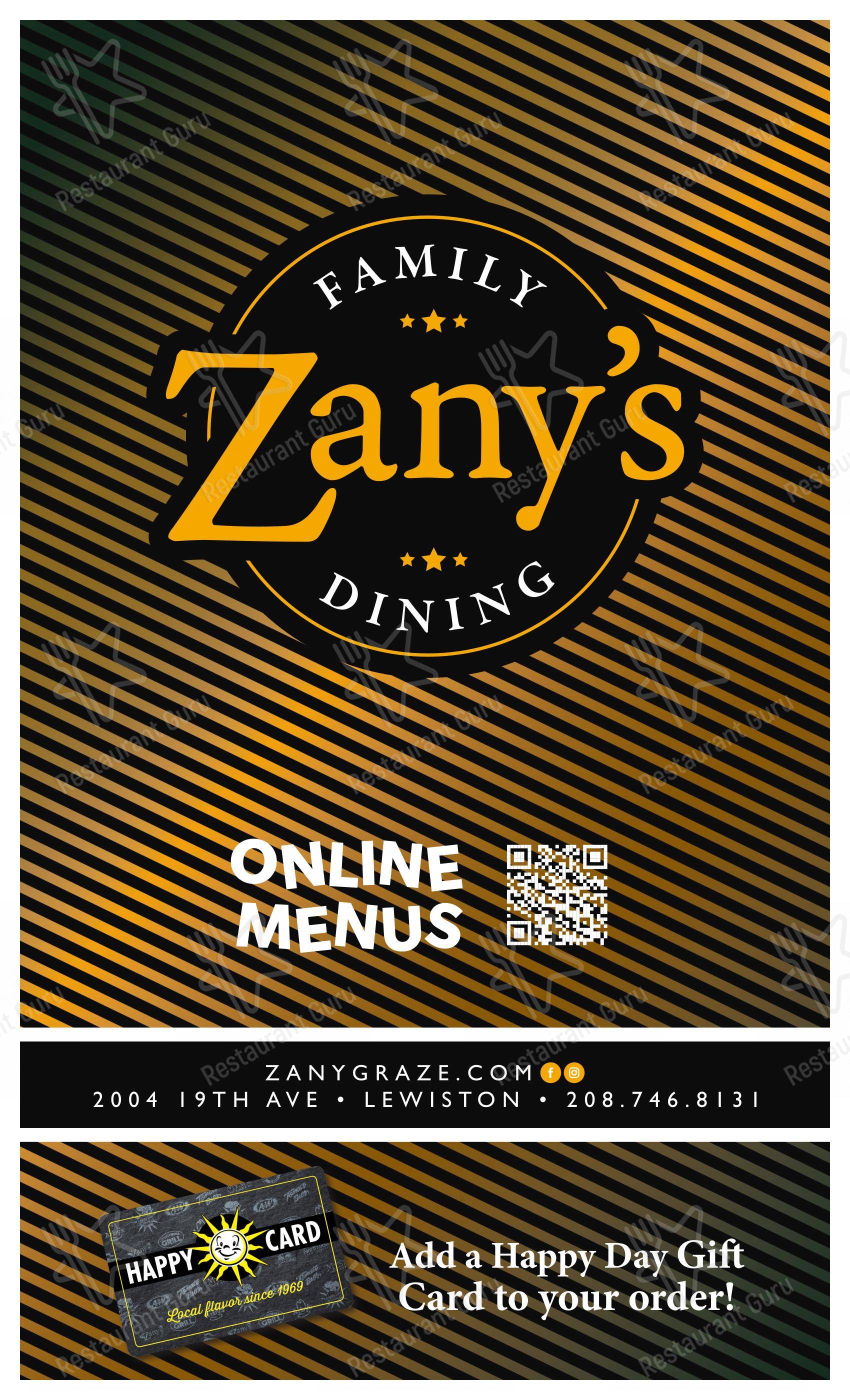 Menu at Zany Graze restaurant, Lewiston, 19th Ave