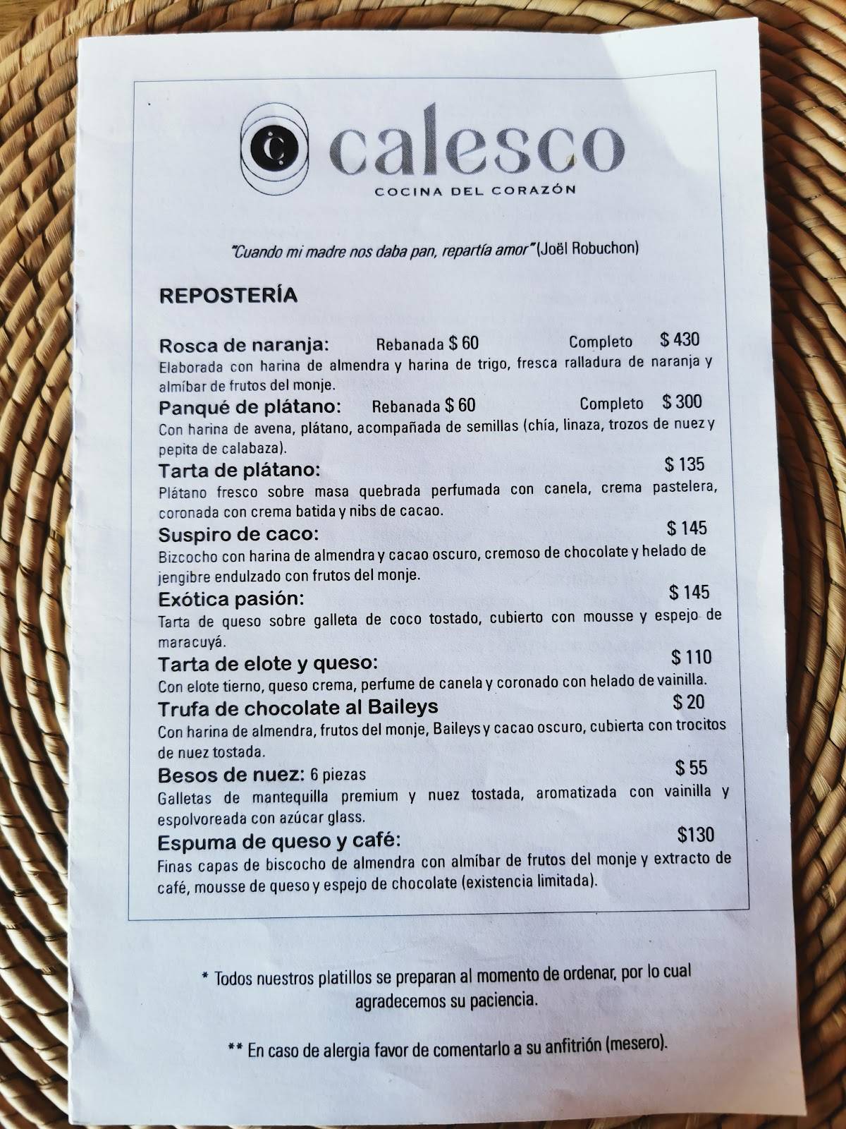 Menu at Calesco y El Romero restaurant, Zapopan
