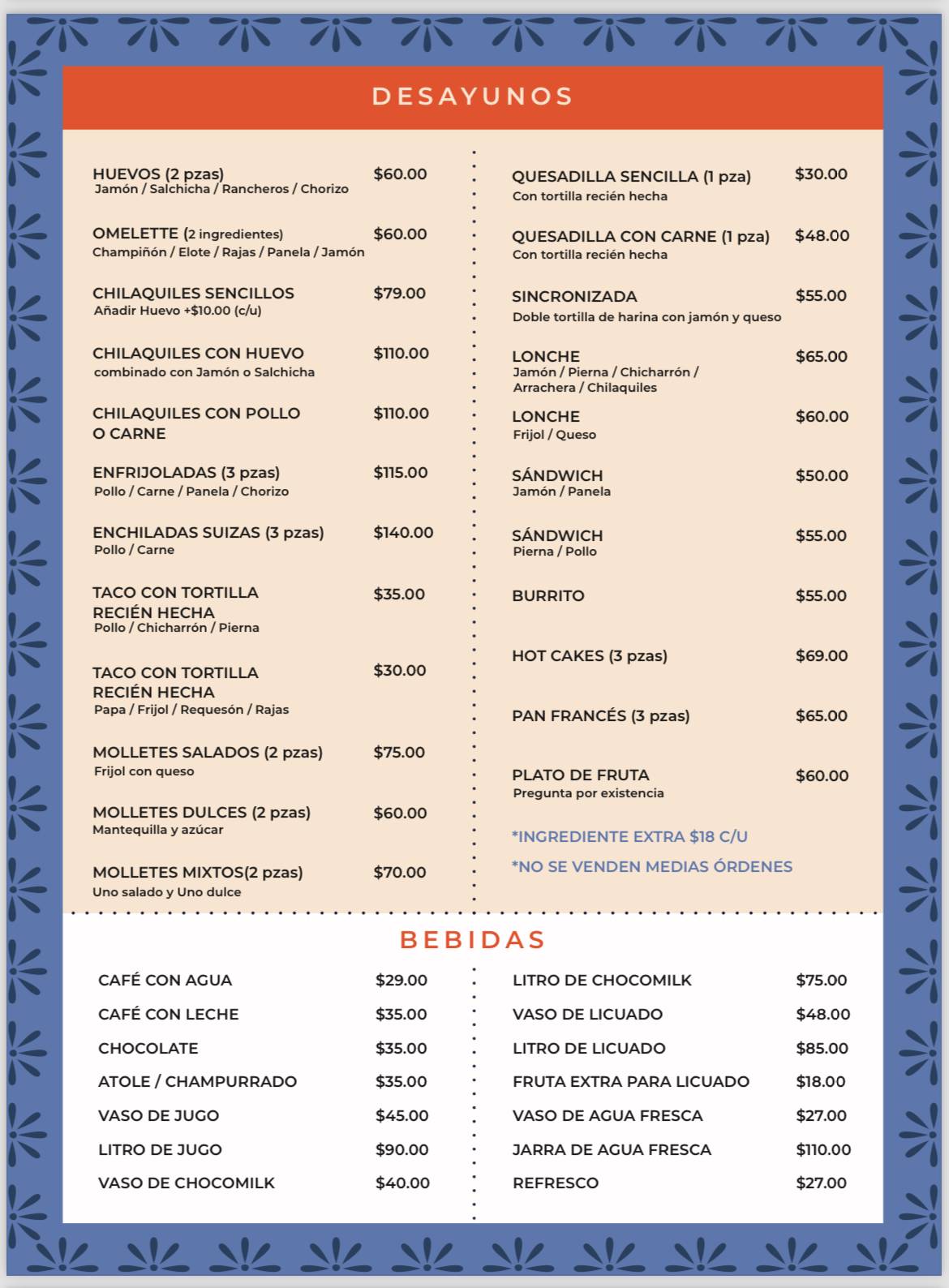 Carta del restaurante Los Sabores del México, Zapopan