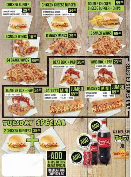 Menu at Zebro's restaurant, Soweto