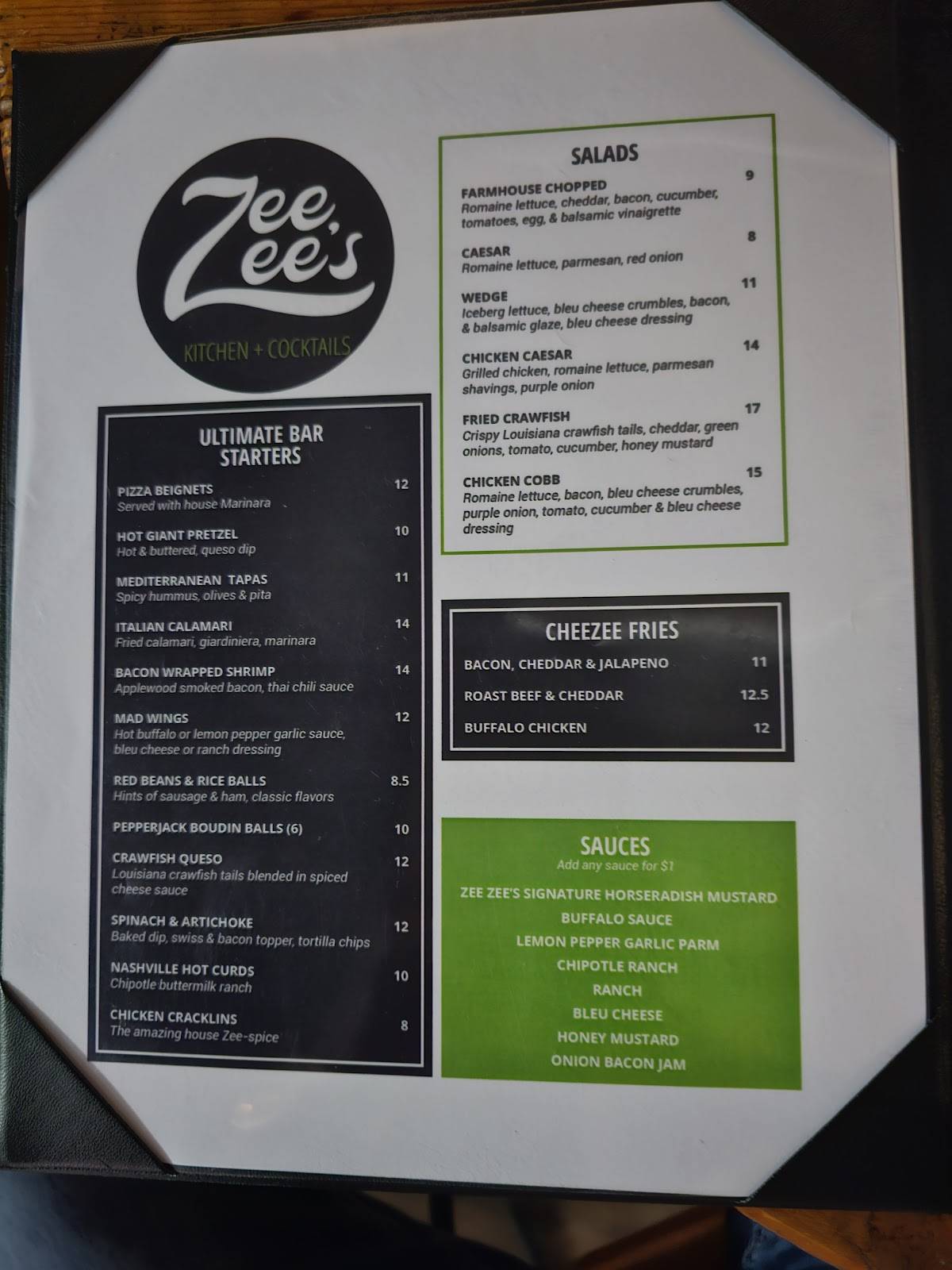 Menu at Zee Zees pub & bar, Baton Rouge