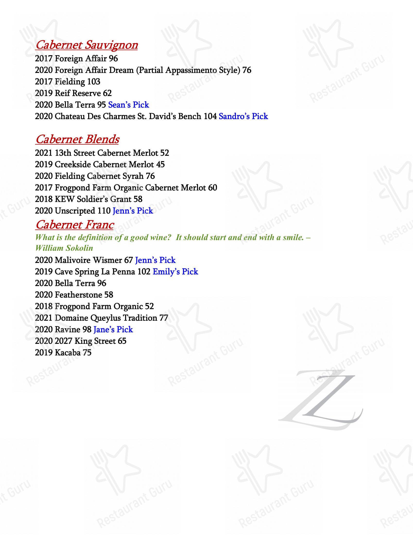 Menu at Zees Wine Bar & Grill, Niagara-on-the-Lake