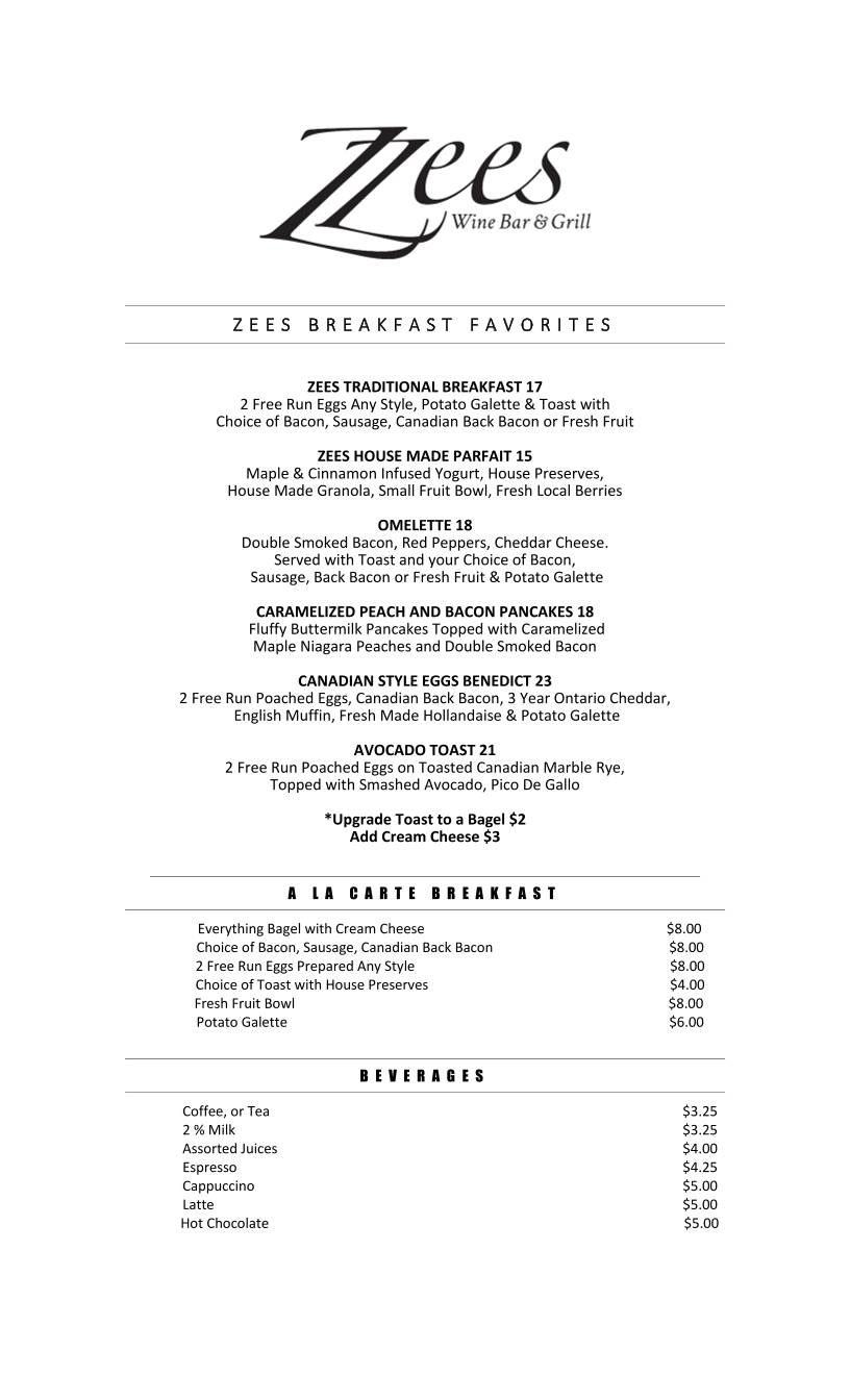 Menu at Zees Wine Bar & Grill, Niagara-on-the-Lake