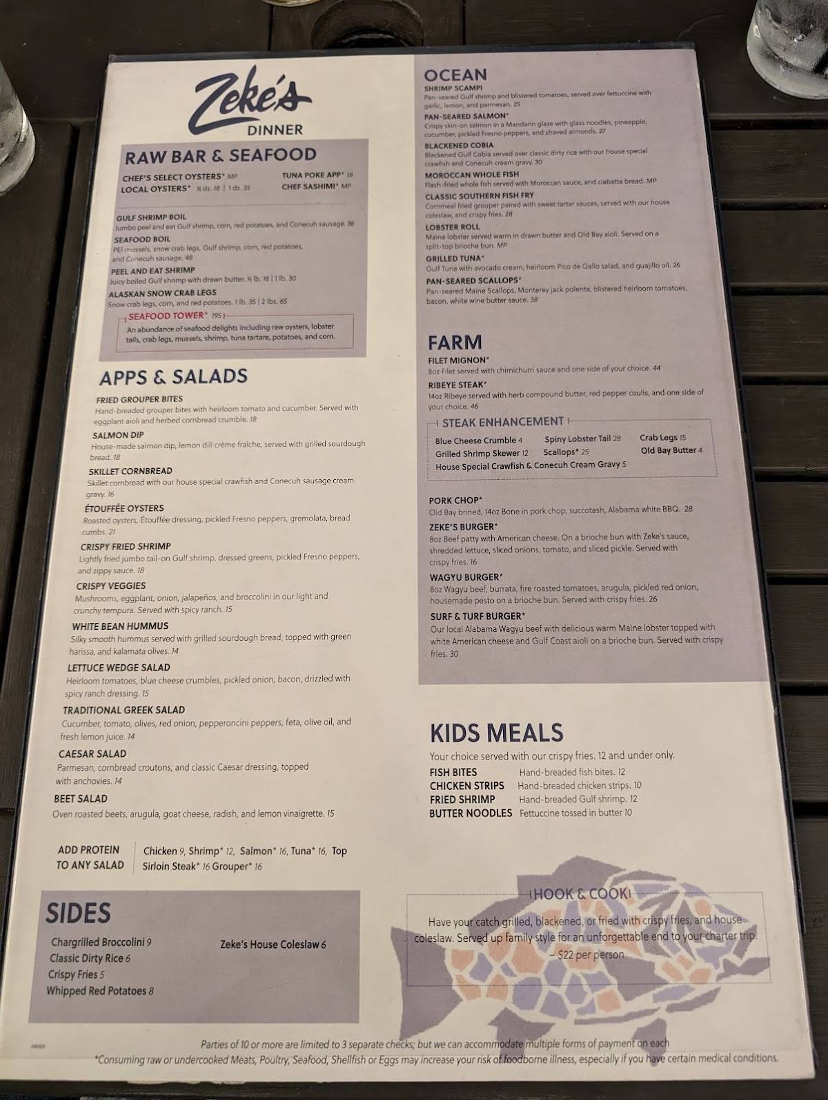 Menu at Zeke's Restaurant, Orange Beach