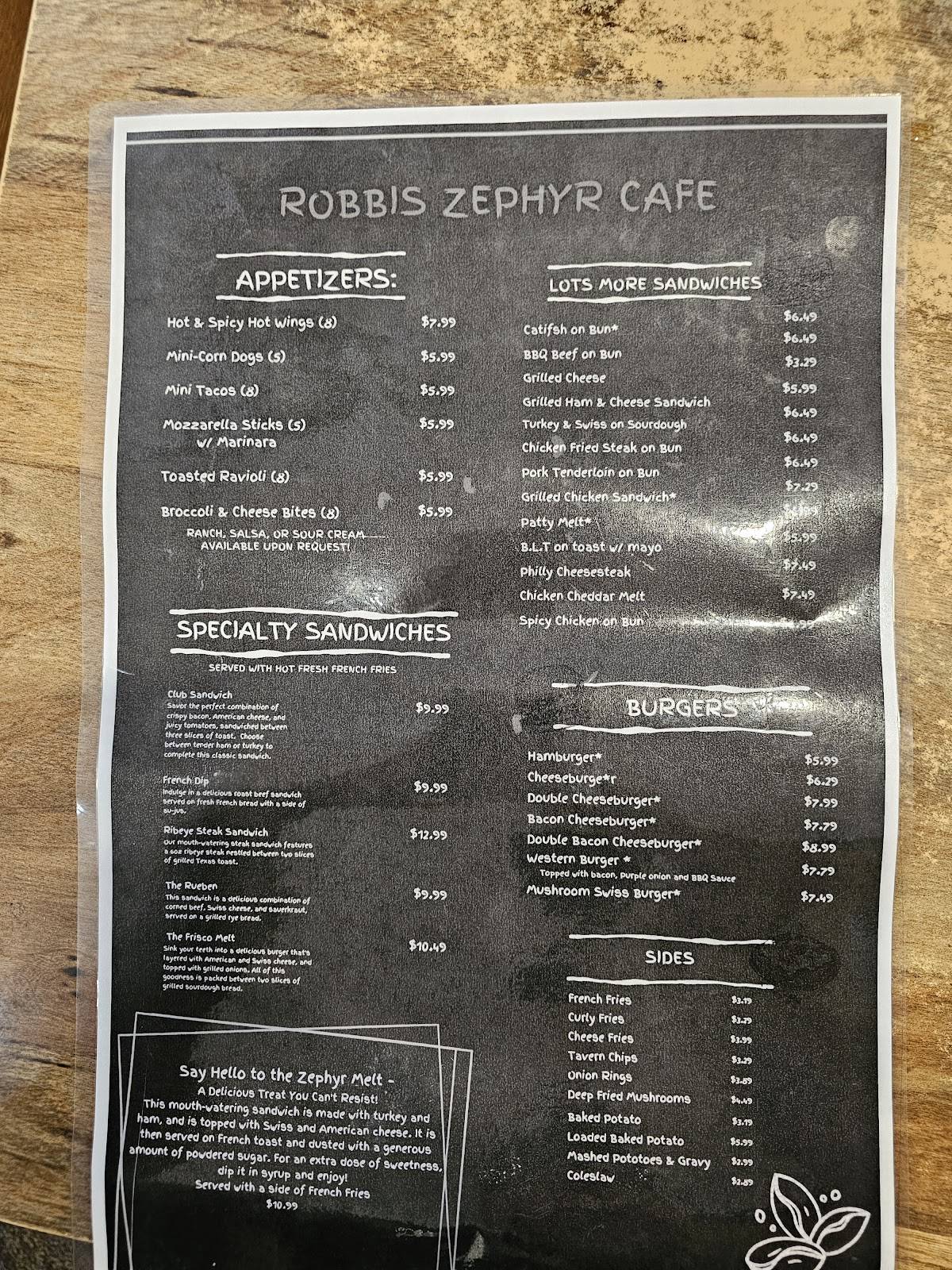 Menu at Zephyr Cafe, Piedmont
