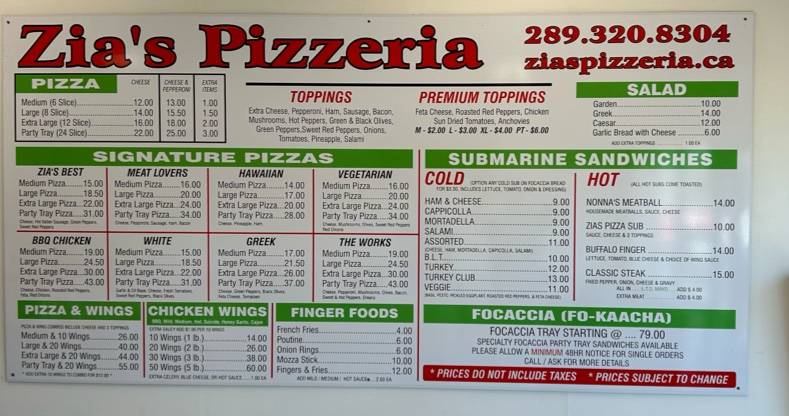 Menu at Zia's Pizzeria, Fort Erie