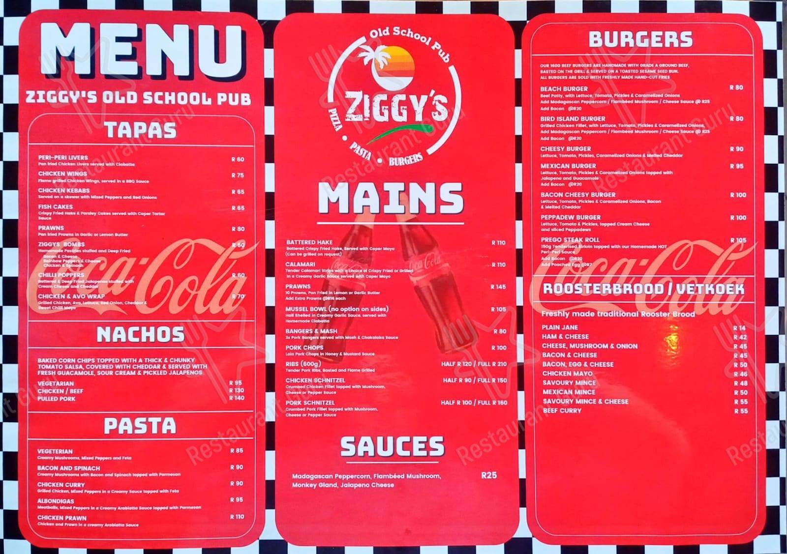 Menu at Ziggy's Old School Pub, Port Elizabeth