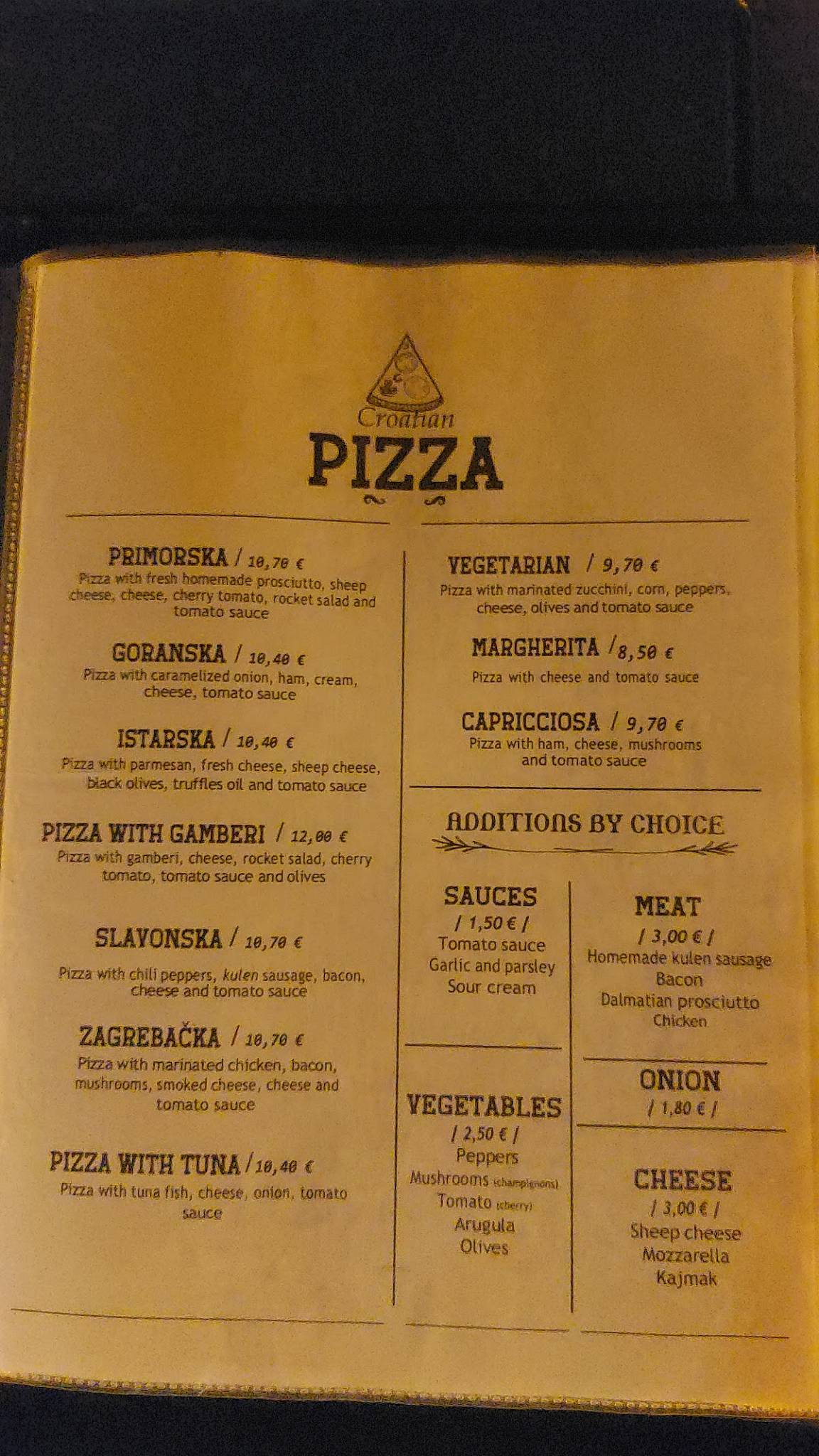 Menu at Žirafa restaurant, Baška