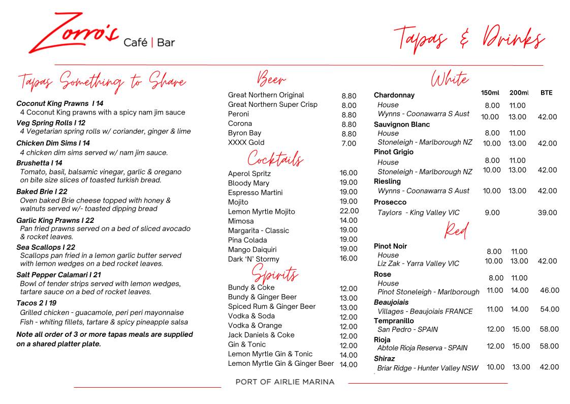 Menu at Zorro's Cafe & Bar, Airlie Beach