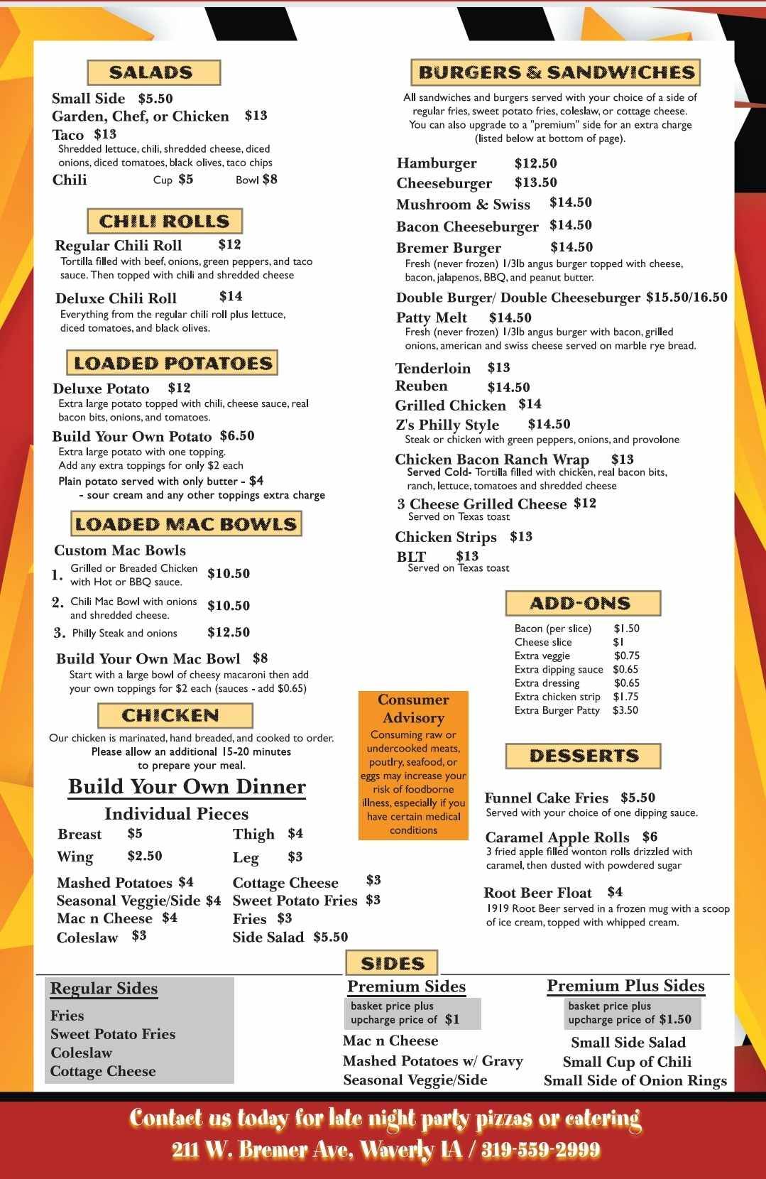 Menu at Z's Pizza & Diner pizzeria, Waverly