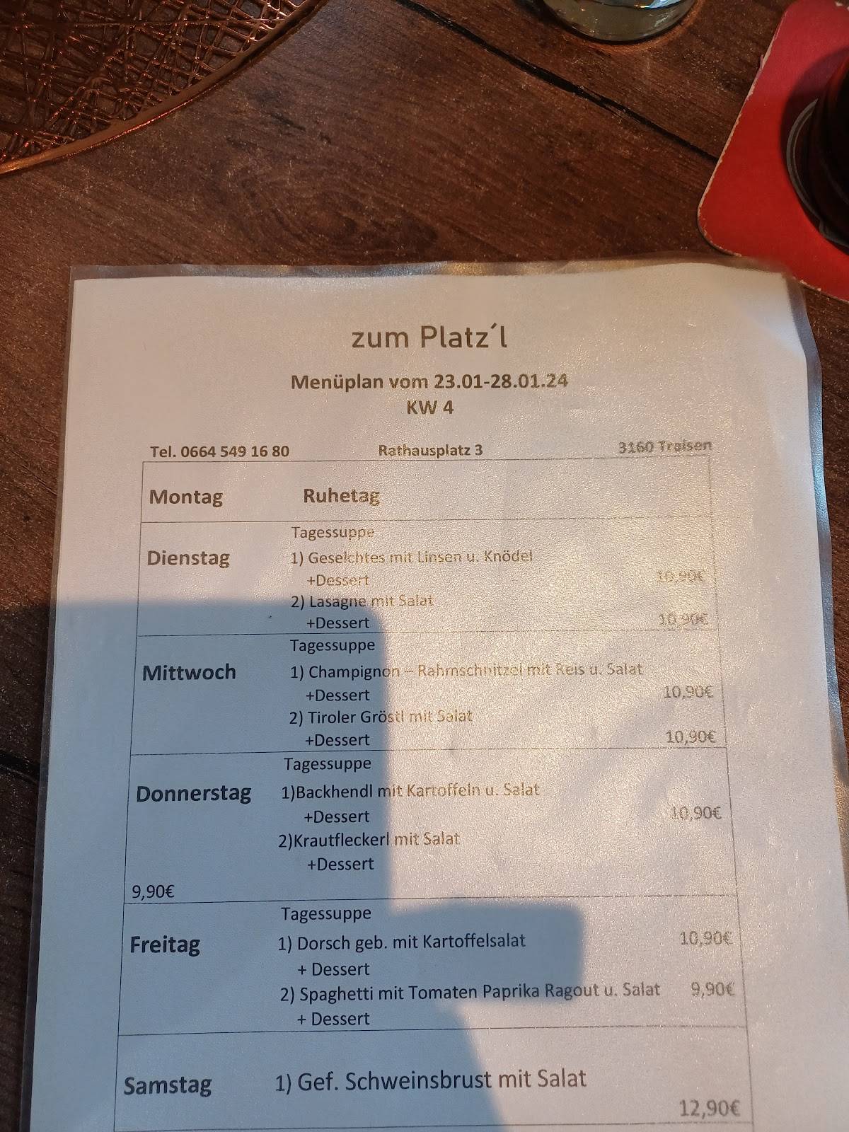 Menu at Zum Platz´l cafe, Traisen