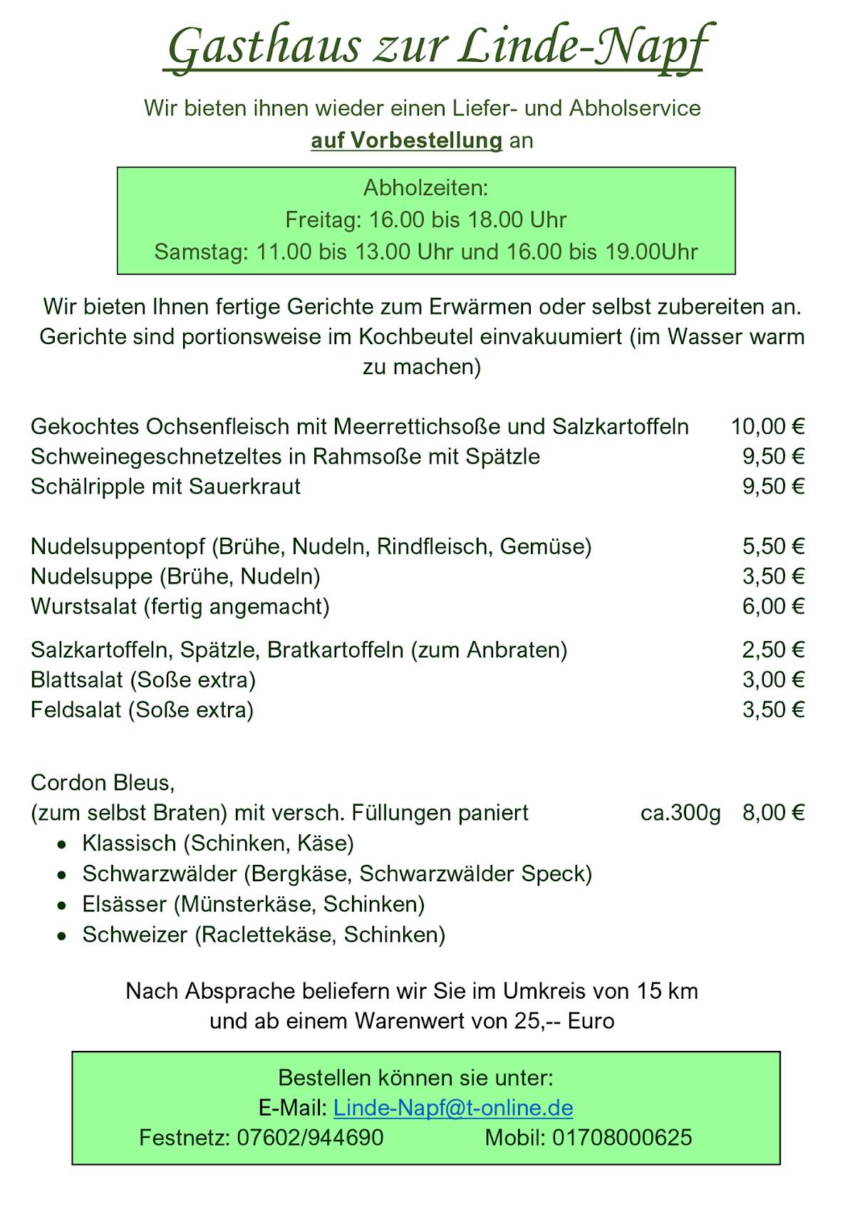 Speisekarte von Gaststätte Zur Linde-Napf restaurant, Oberried