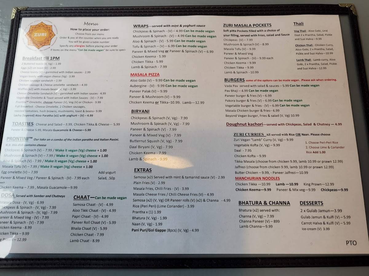 Menu at Zuri Coffee cafe, Wolverhampton