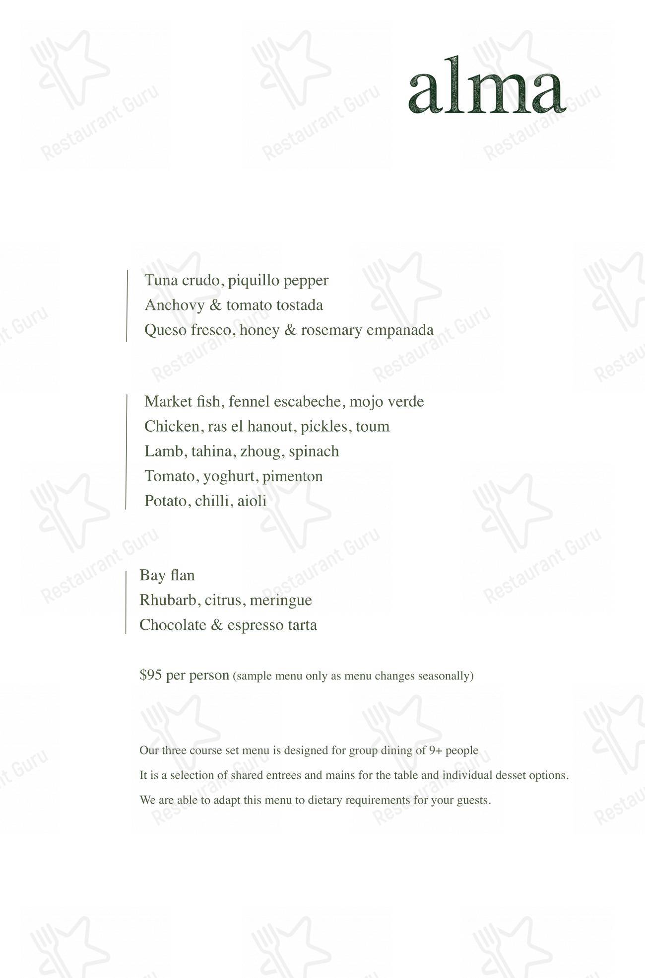 Menu at alma restaurant, Auckland