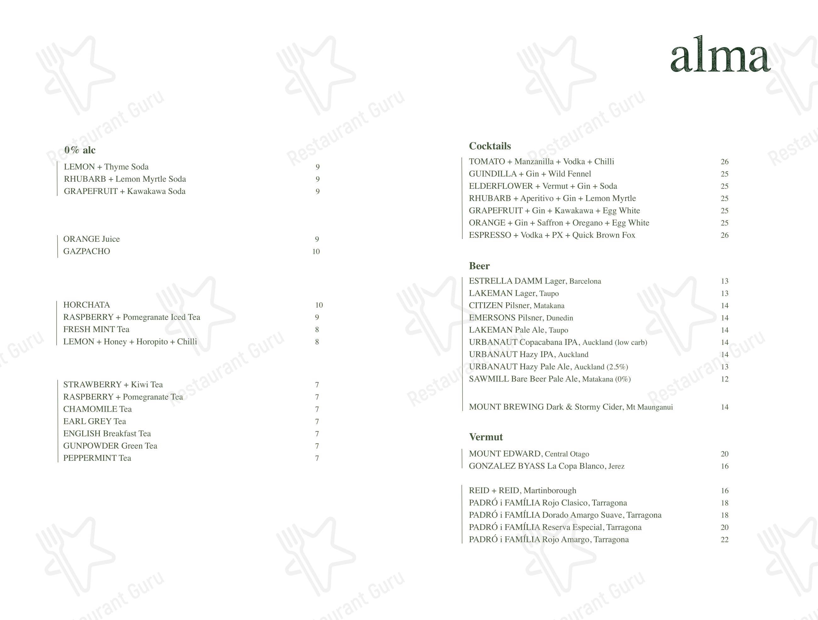Menu at alma restaurant, Auckland