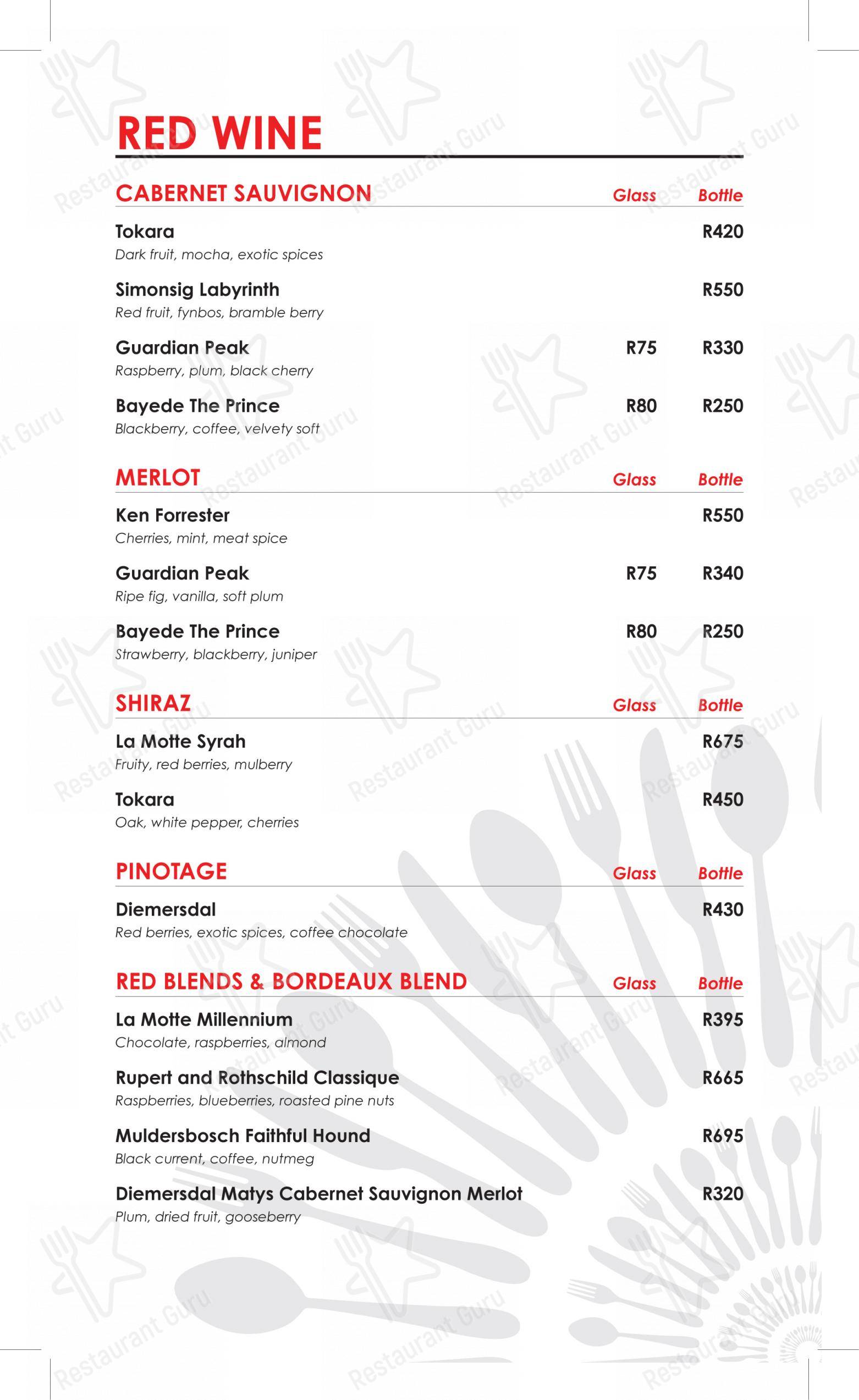 Menu at Tabú Grill Bar and Lounge, Port Elizabeth