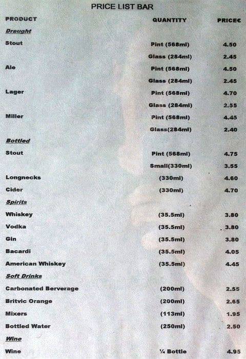 Menu at John Kavanagh The Gravediggers pub & bar, Dublin