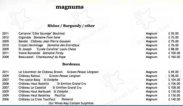 Menu at Le Colombier restaurant, London