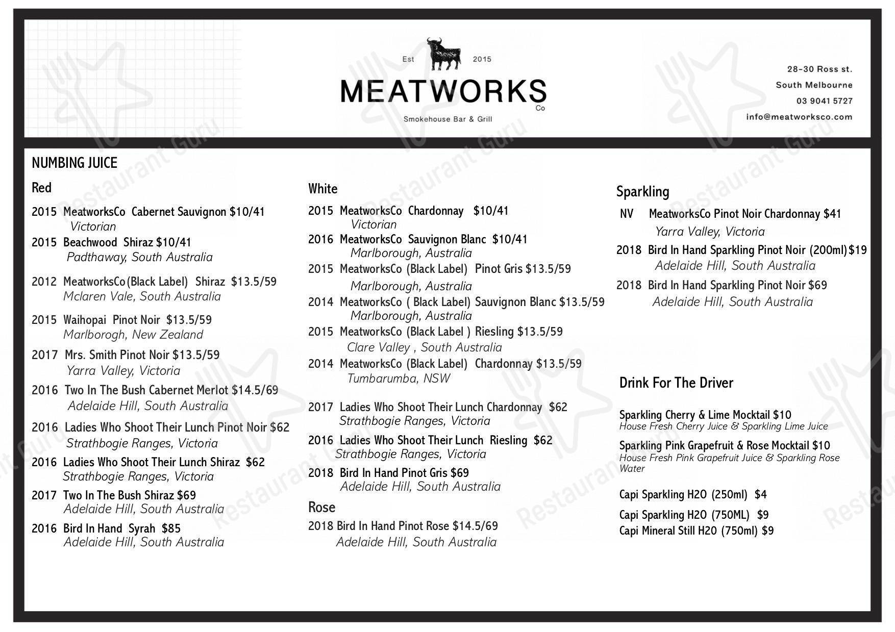 Menu at Meatworksco pub & bar, South Melbourne