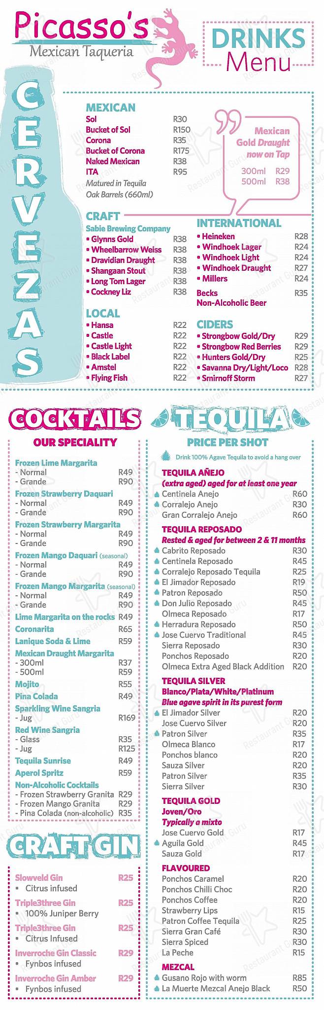 Menu at Picasso's Mexican Taqueria restaurant, White River