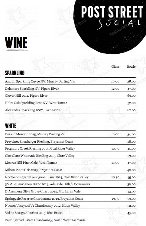 Carta de Post Street Social, Sandy Bay