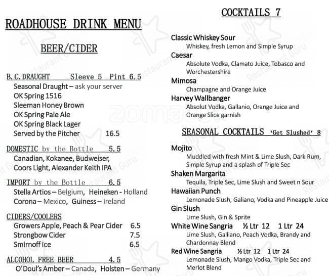 Menu at The Roadhouse Grille restaurant, Surrey, King George Blvd