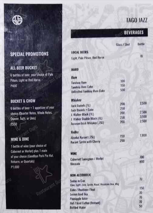 Menu at Tago Jazz Cafe, Quezon City