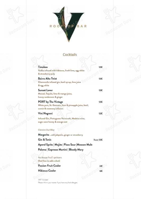 Menu em The V Rooftop Bar, Lisboa