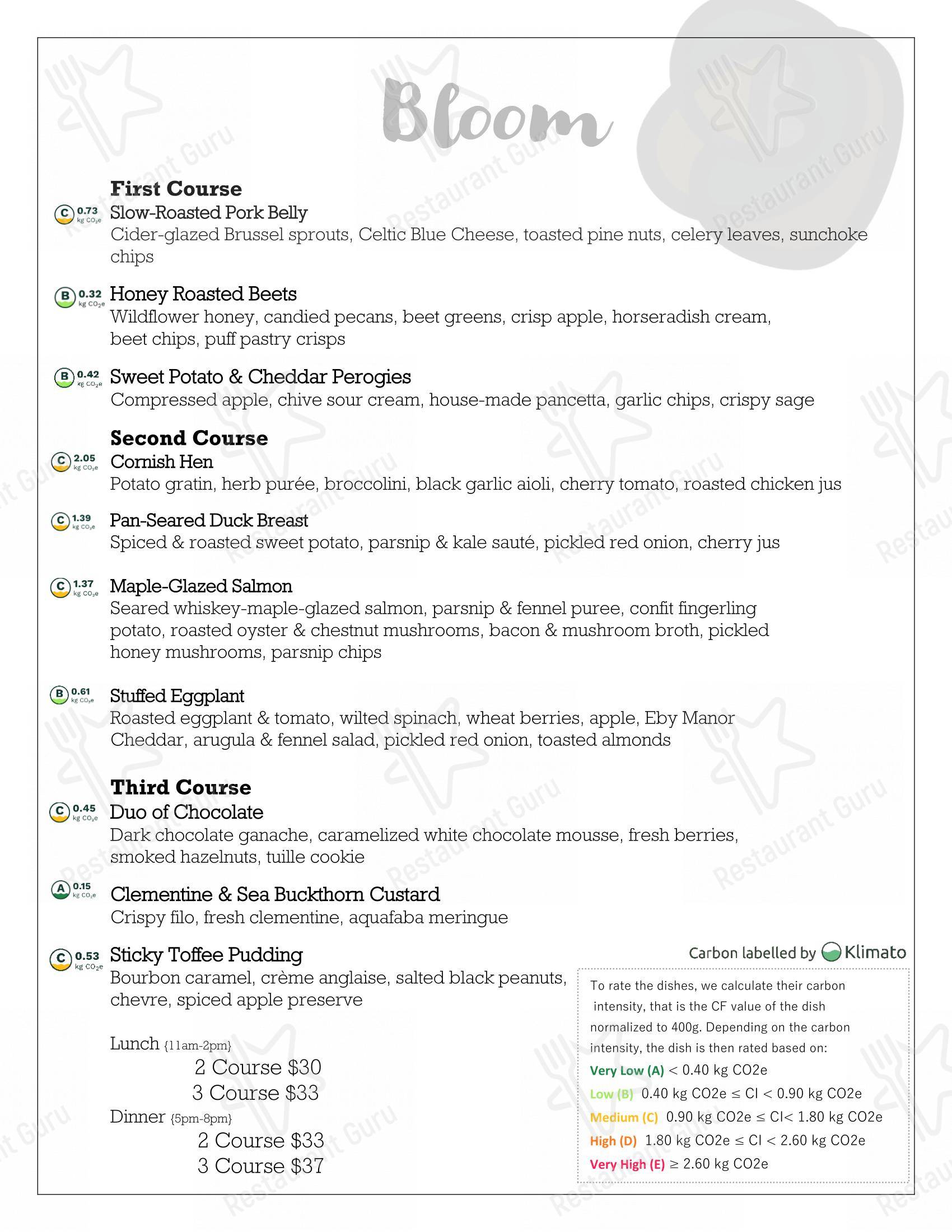 Menu at Bloom Restaurant, Waterloo, 108 University Ave E