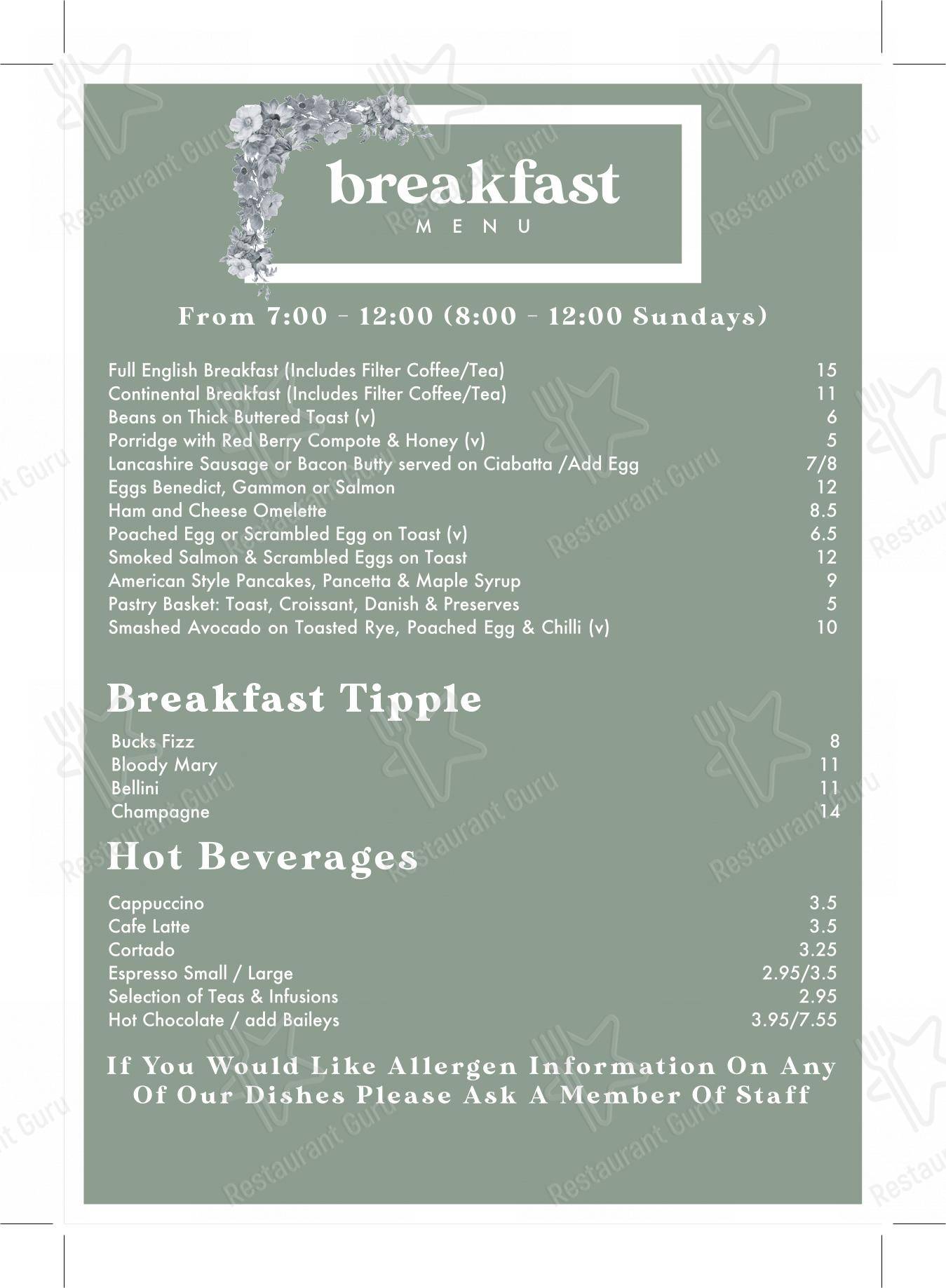 Menu at The Vincent Hotel restaurant, Southport