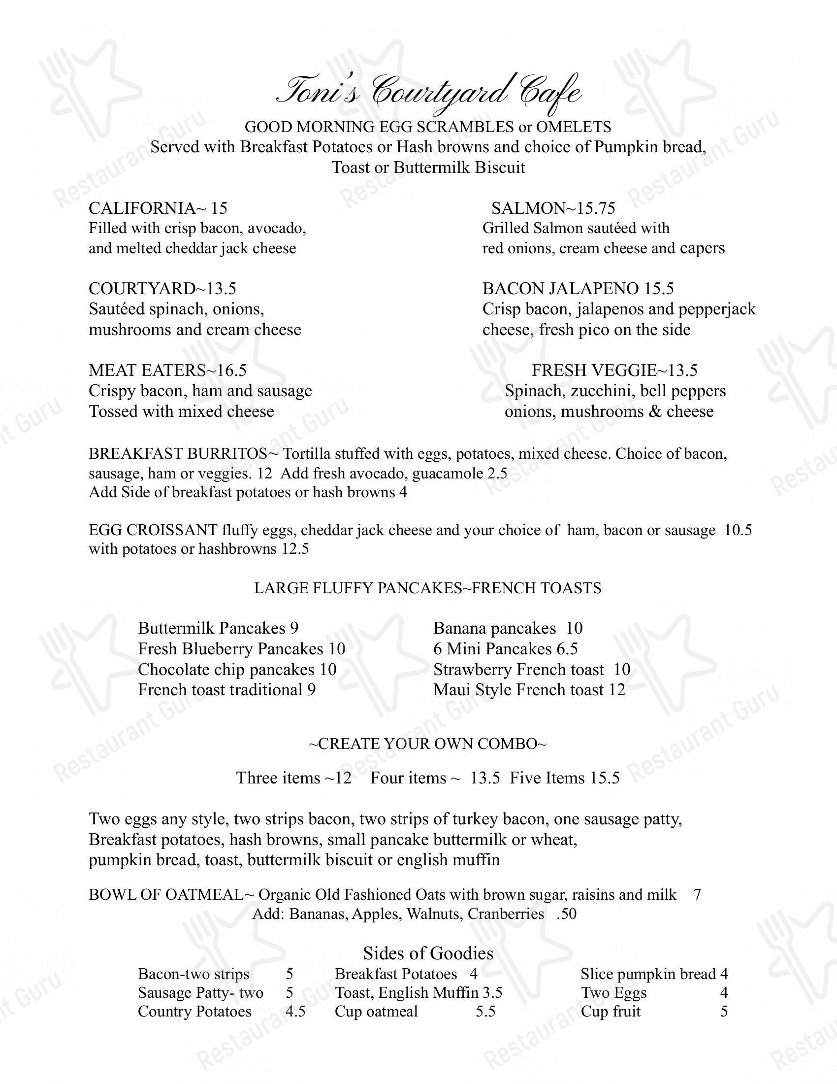 Menu at Toni's Courtyard Café cafe, Merced