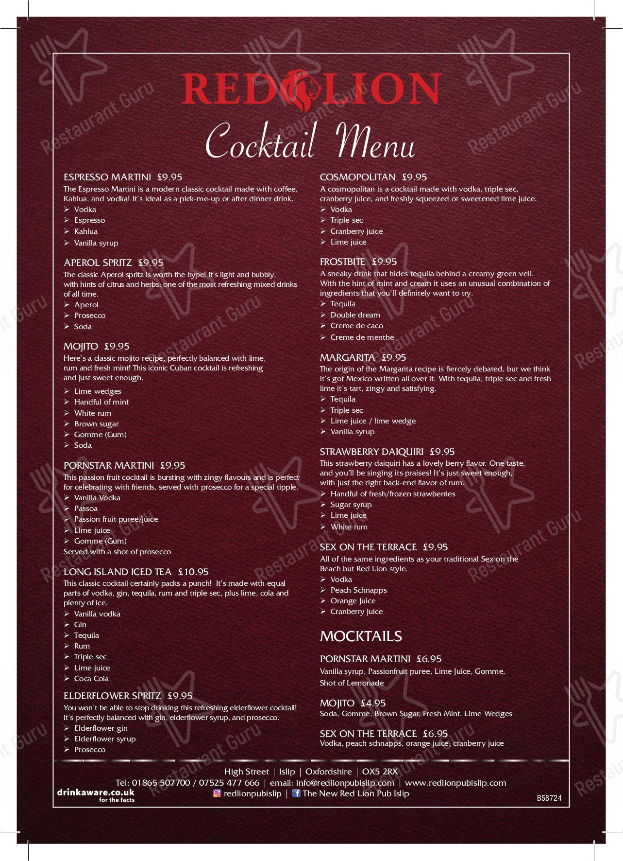 Menu at The Red Lion Islip pub & bar, Kidlington, The Red Lion Pub