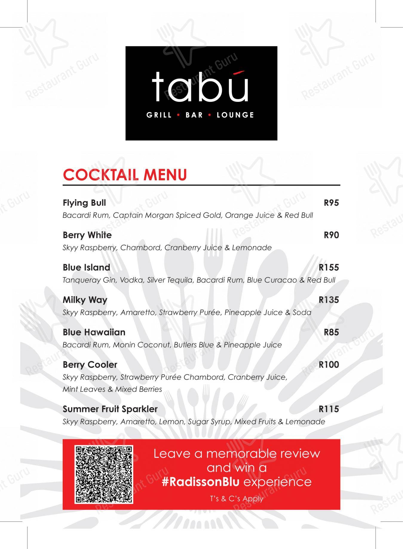 Menu at Tabú Grill Bar and Lounge, Port Elizabeth