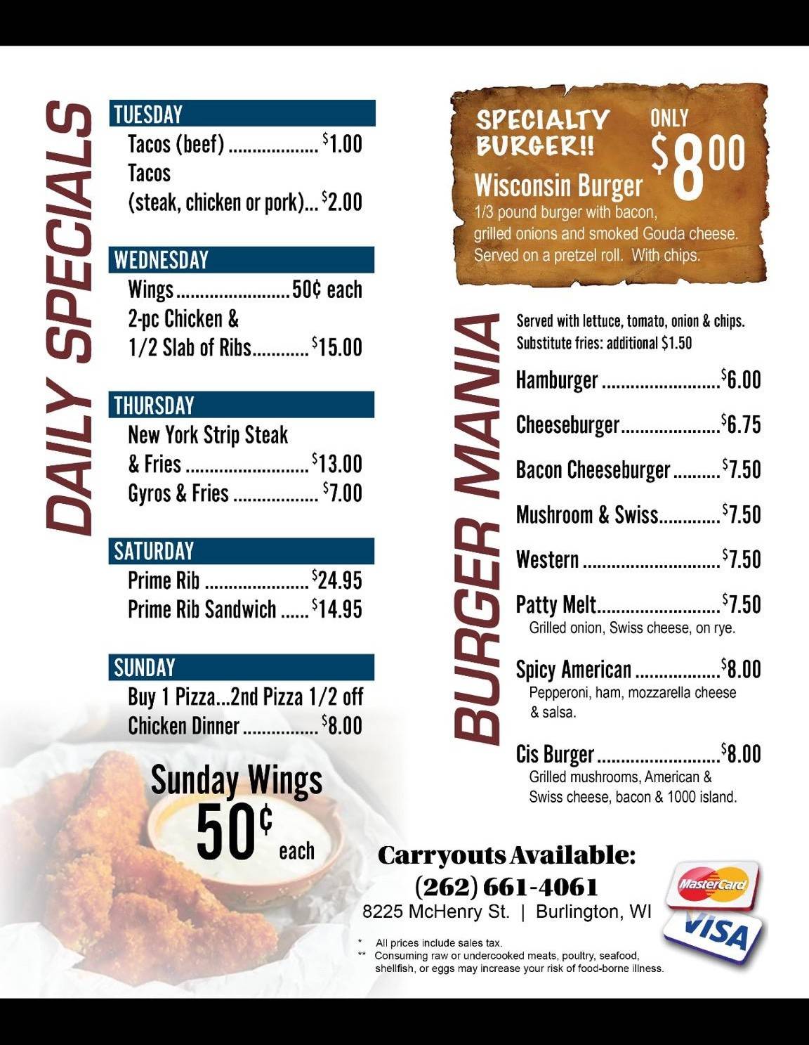 Menu at countryside pub, Burlington