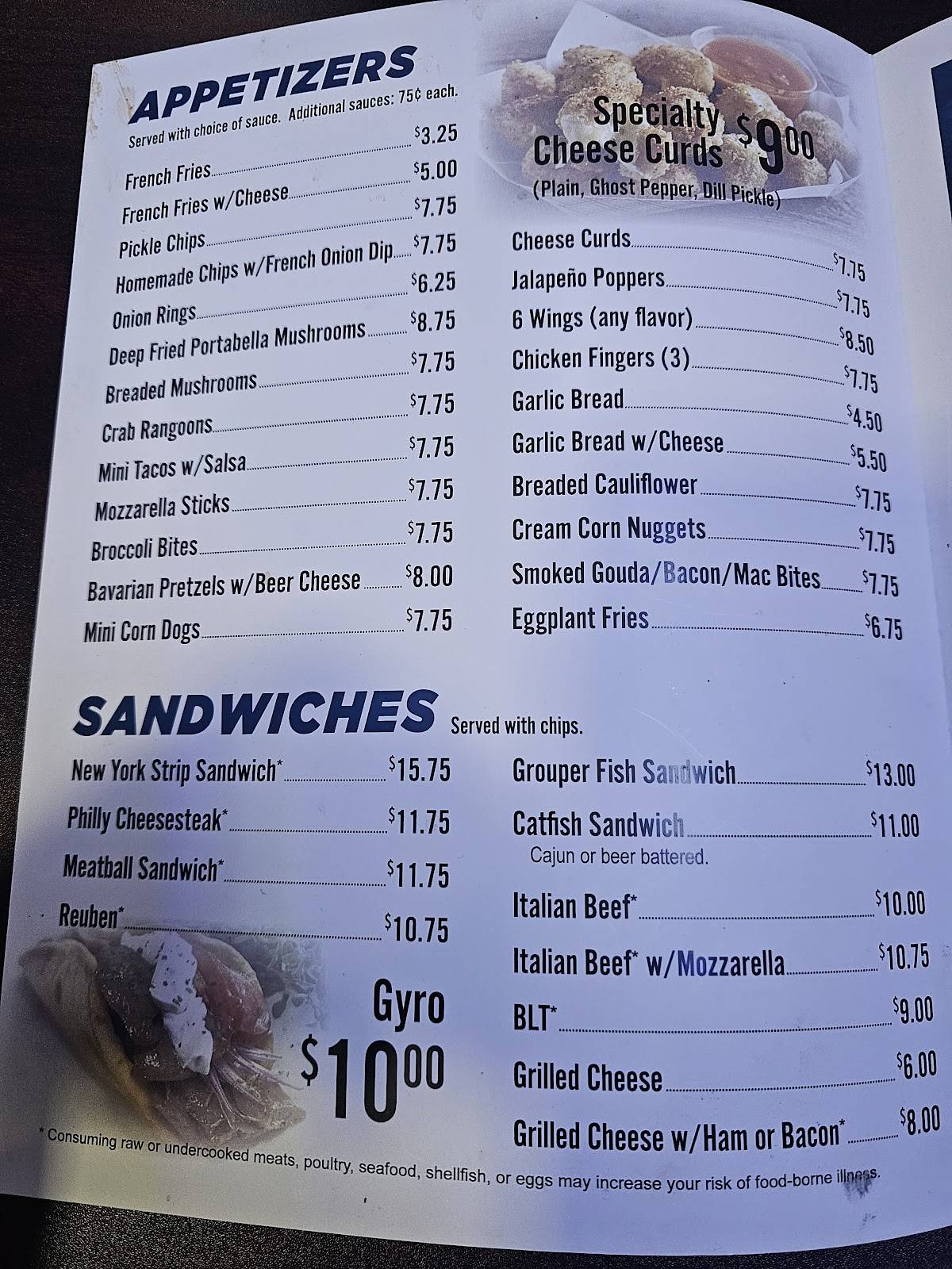 Menu at countryside pub, Burlington