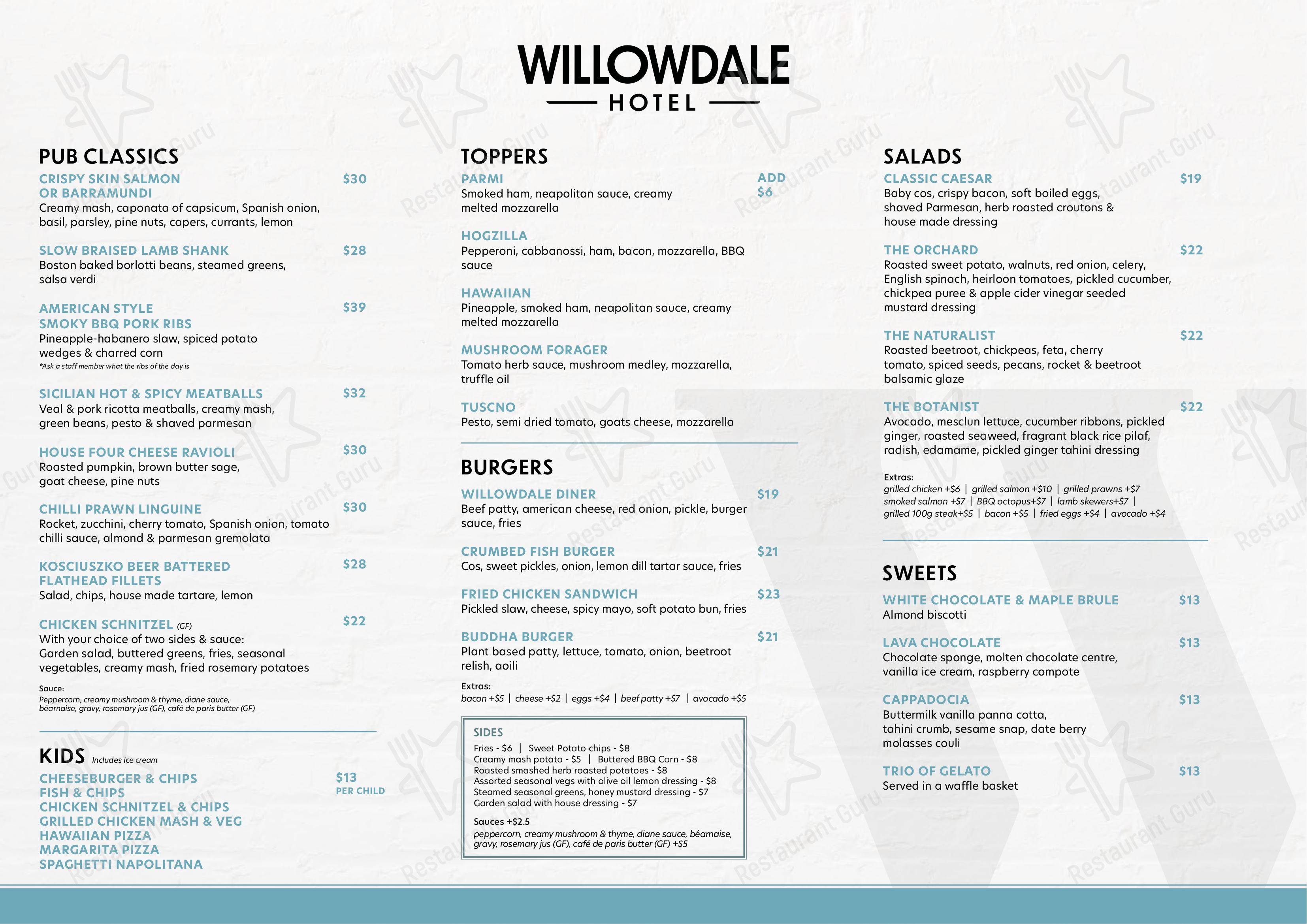 Menu at Willowdale Hotel restaurant, Denham Court