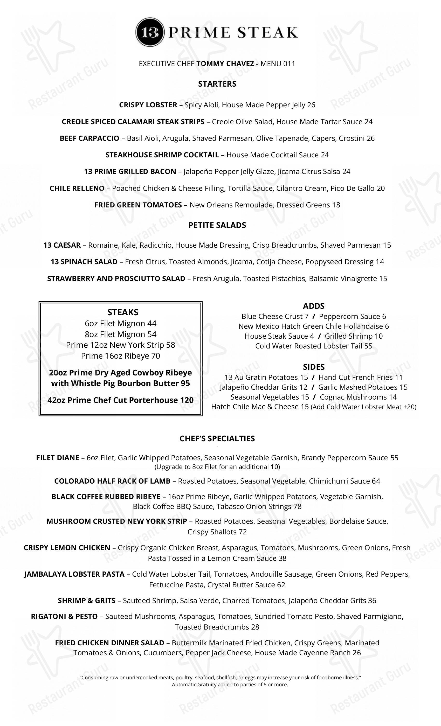 Menu at 13 Prime Steak pub & bar, Clovis