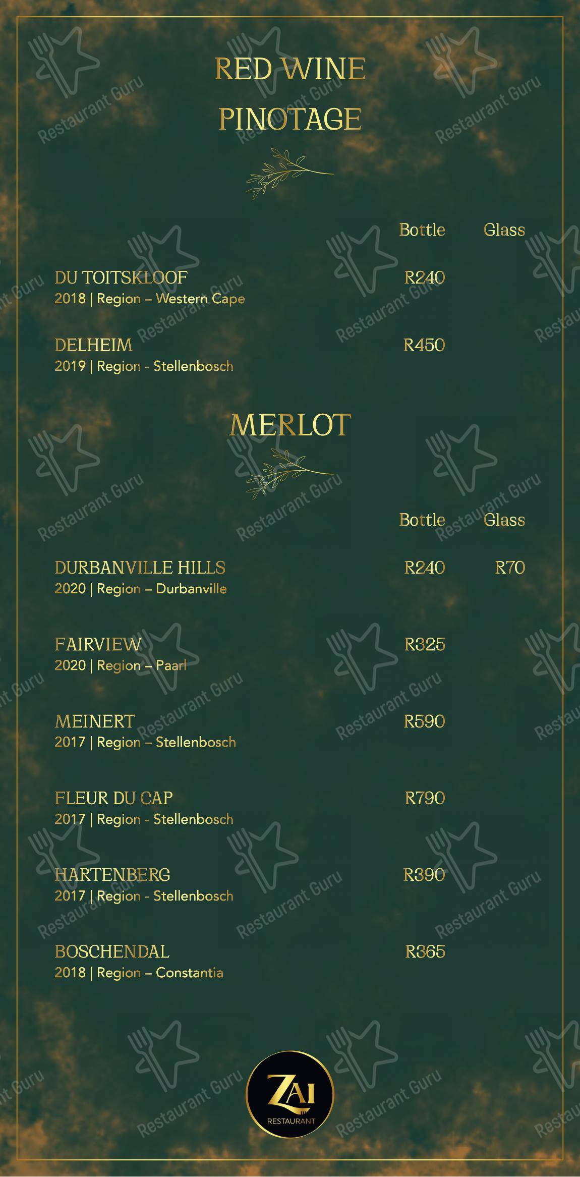 Menu at Zai Restaurant Durban, Durban