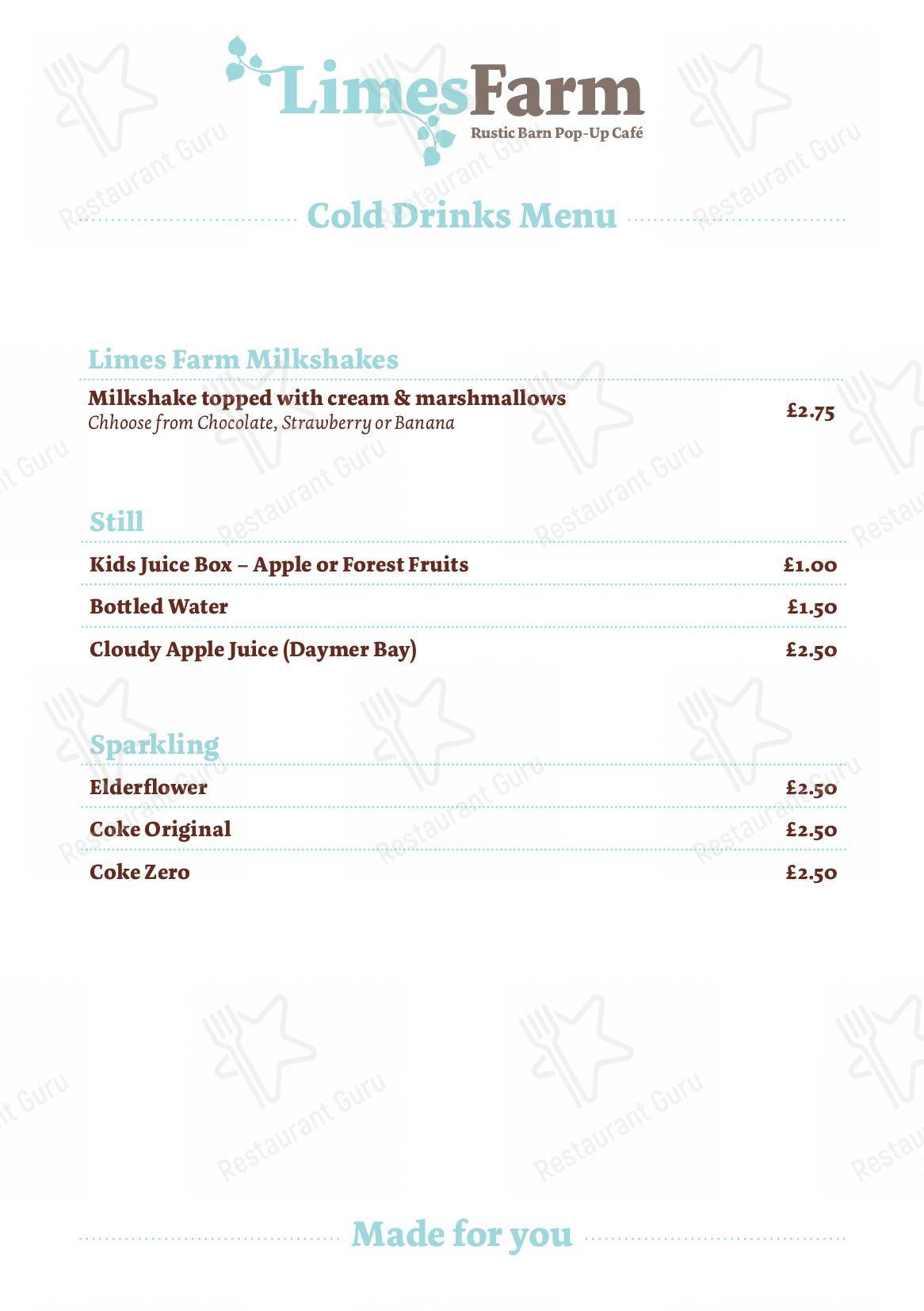 Menu at Limes Farm cafe, Farthinghoe
