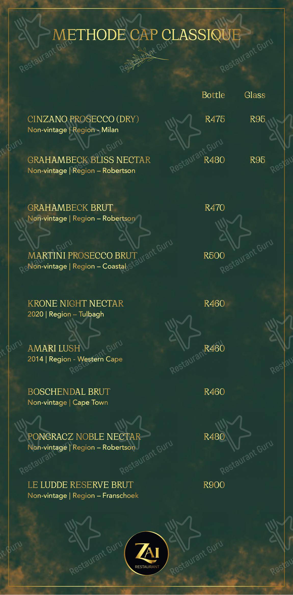 Menu at Zai Restaurant Durban, Durban