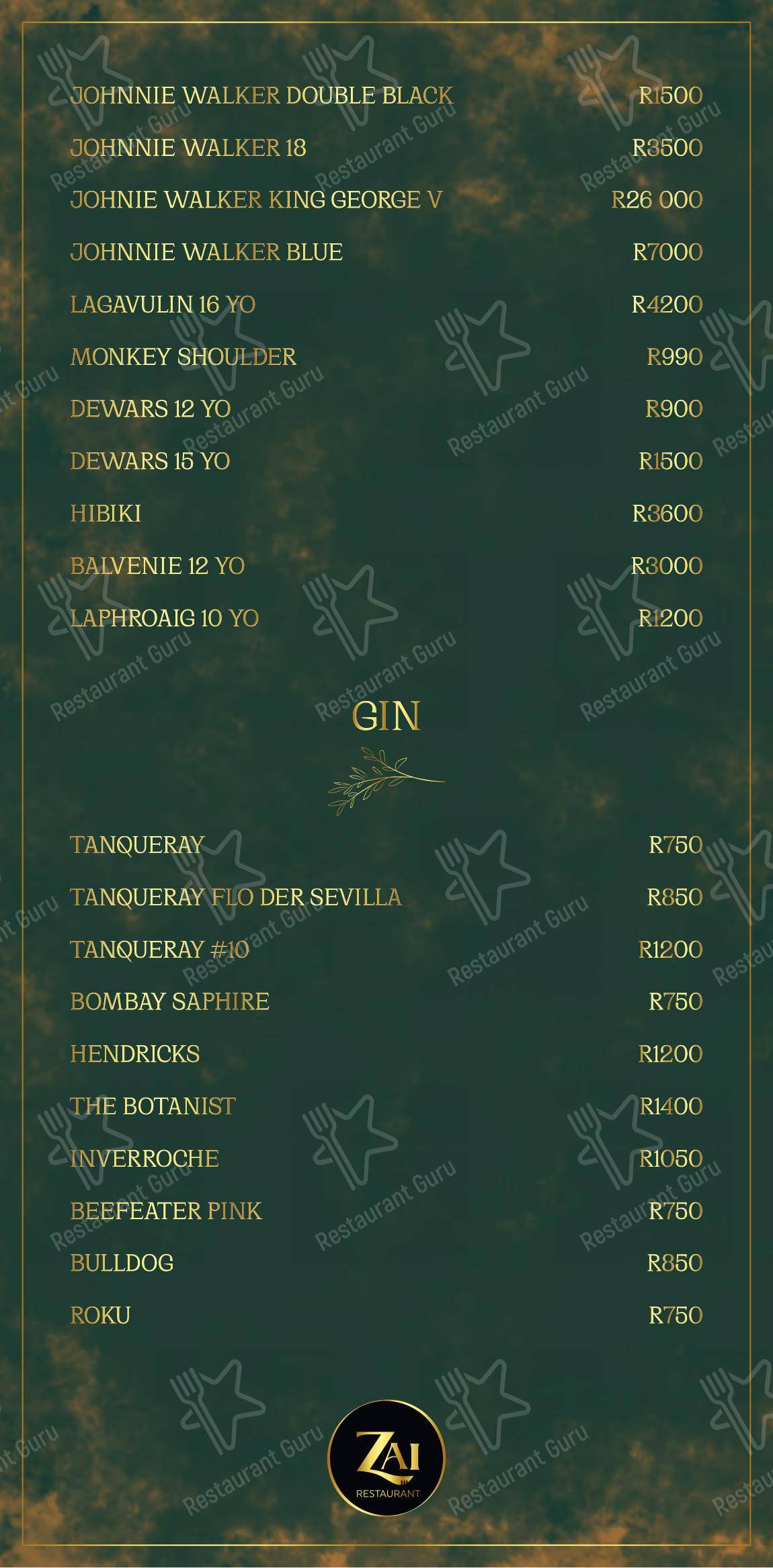 Menu at Zai Restaurant Durban, Durban