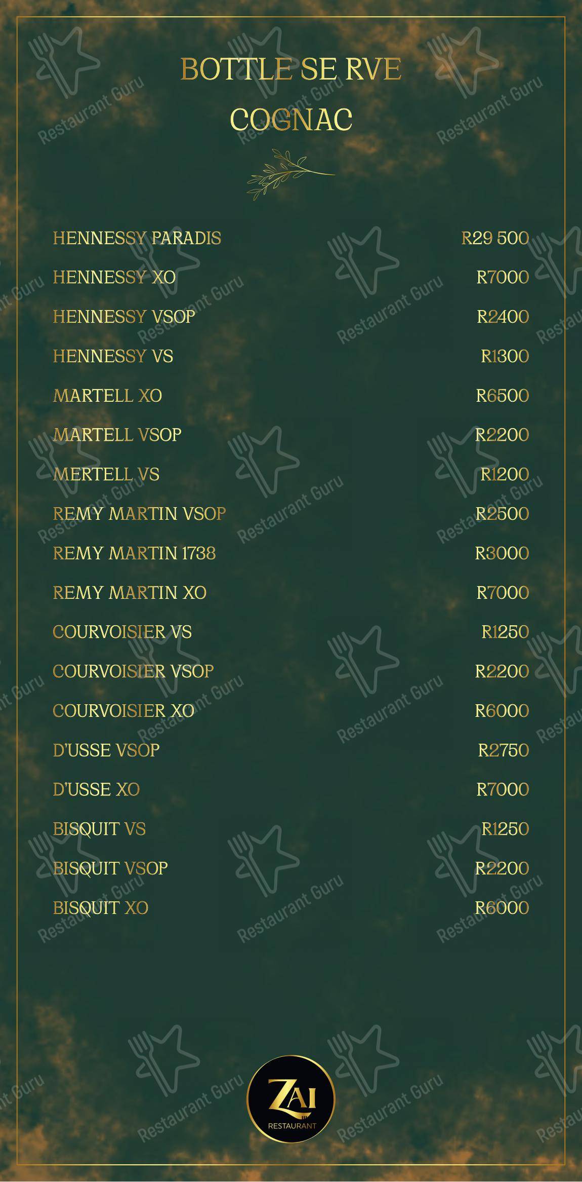 Menu at Zai Restaurant Durban, Durban