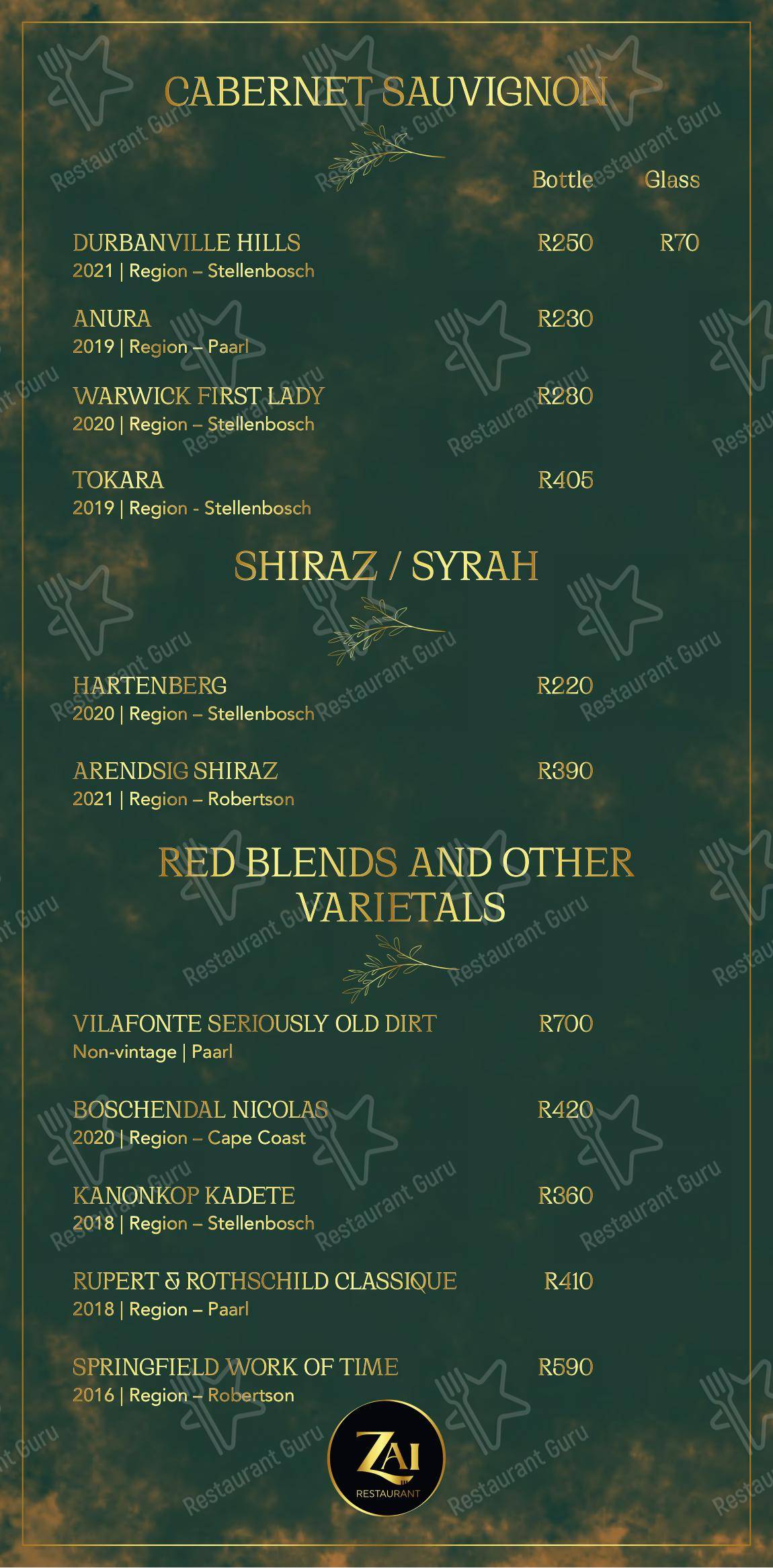 Menu at Zai Restaurant Durban, Durban