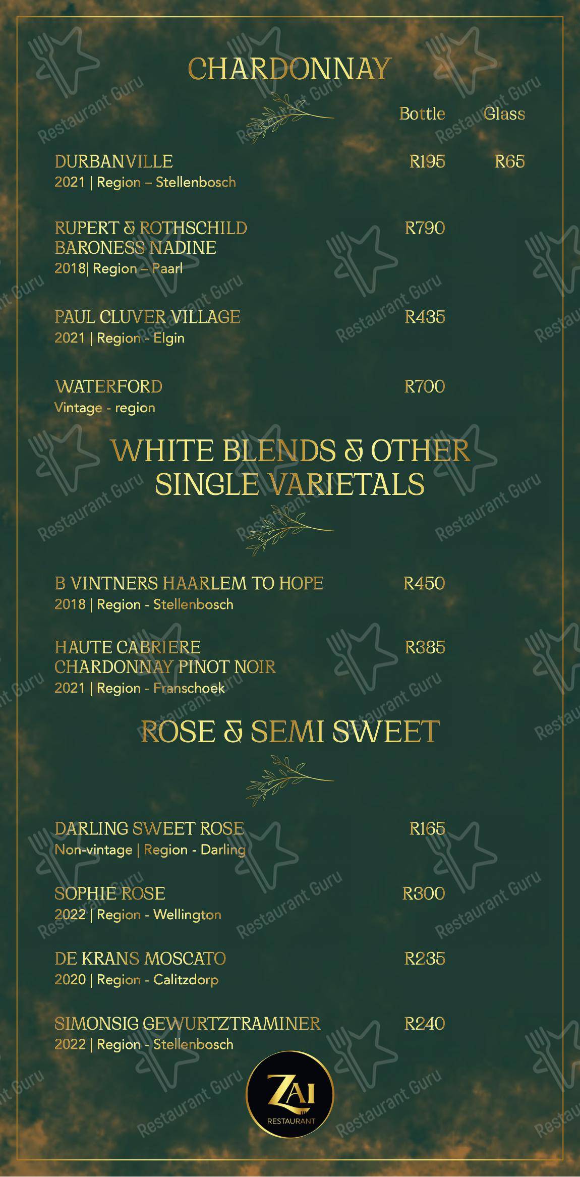 Menu at Zai Restaurant Durban, Durban