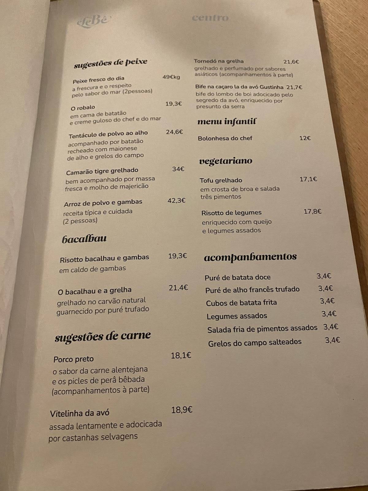 Menu at éLeBê Centro restaurant, Porto, Rua da Conceição 94