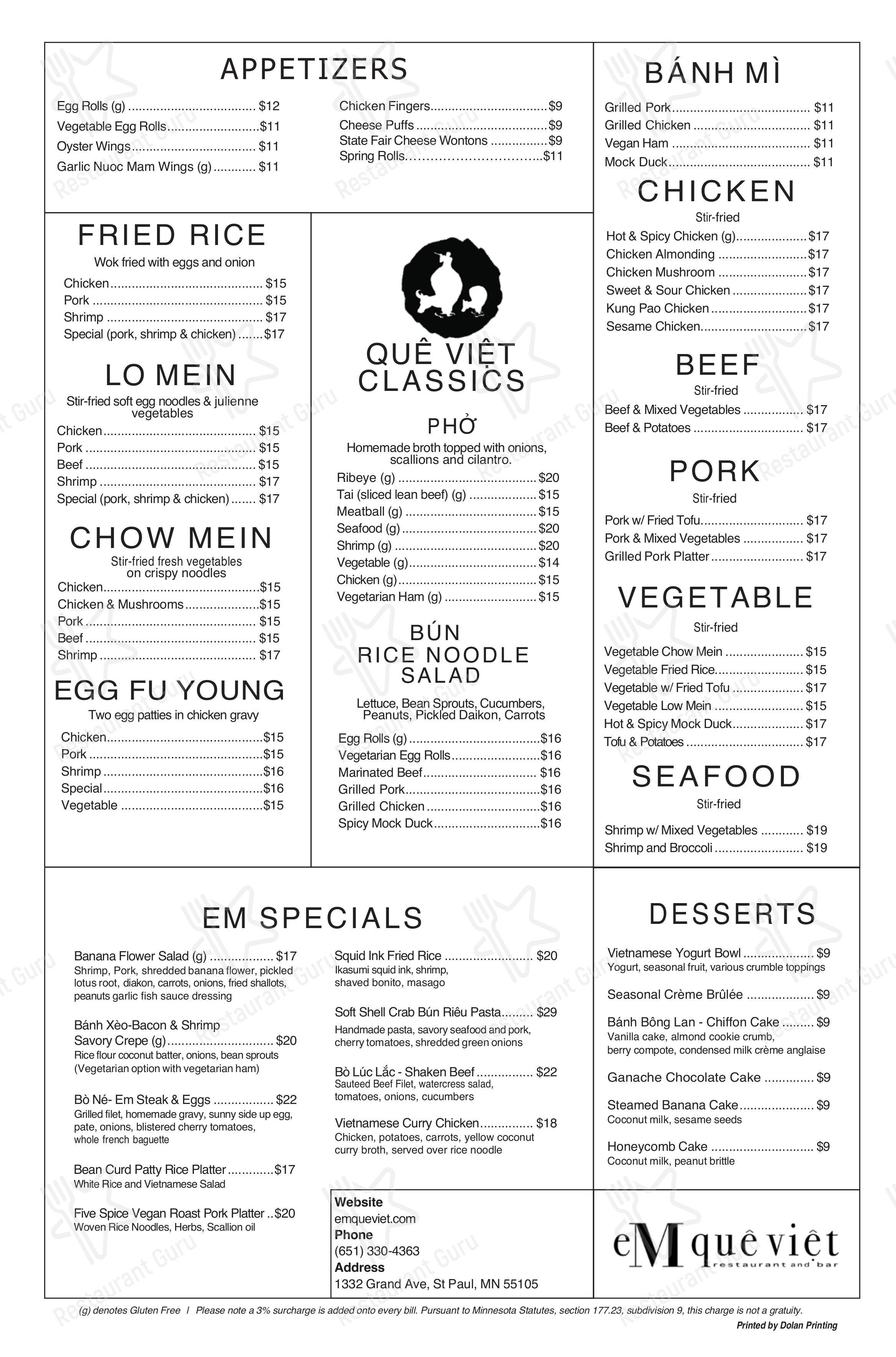 Menu at eM Que Viet Restaurant and Bar, Saint Paul