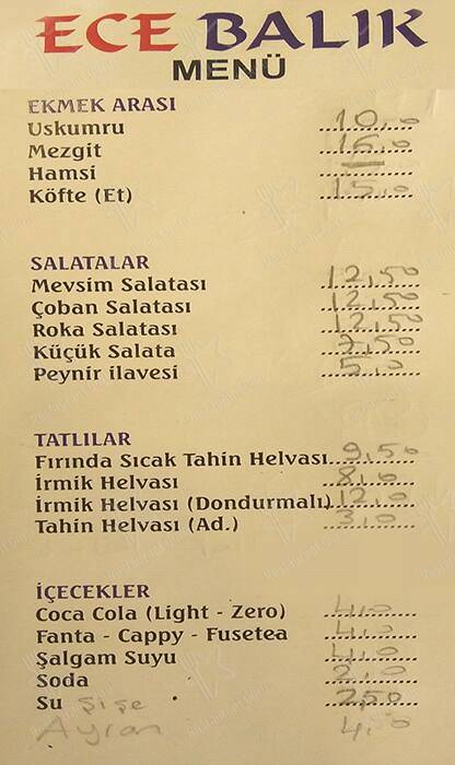 Menu at ece balik, Istanbul