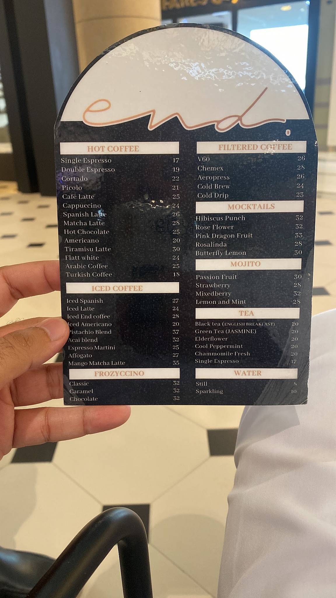 Menu at end cafe, Dubai